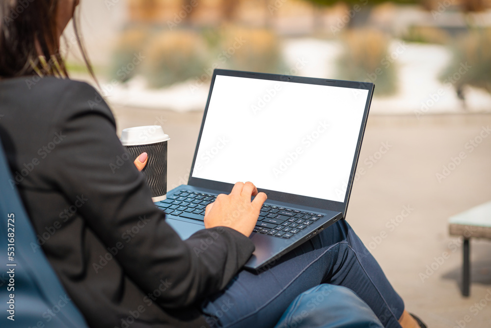 Blank white screen.Mockup.Young brunette business woman use laptop ...