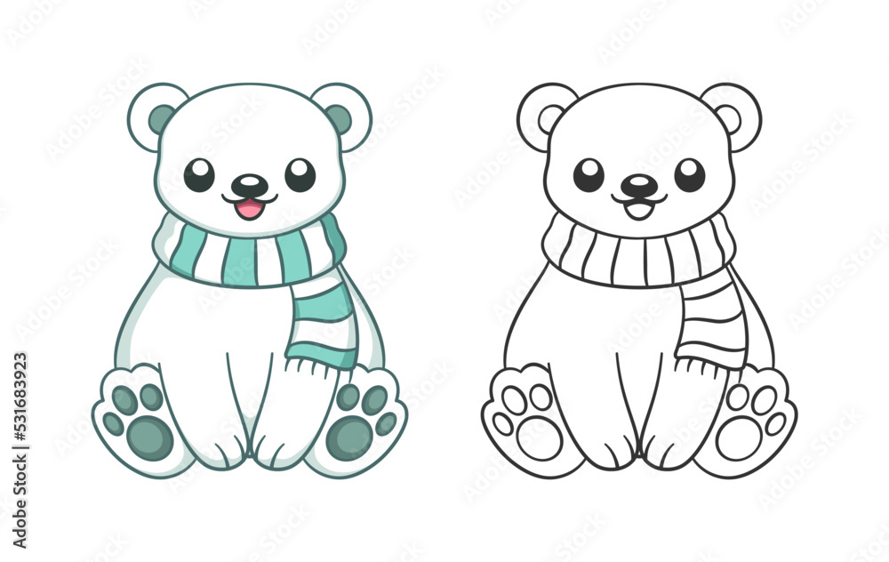 Cute chibi snow polar bear wearing a scarf outline and colored doodle ...