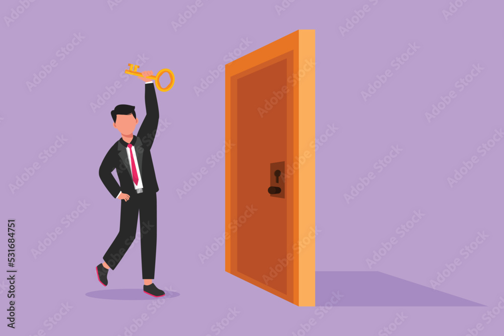 Cartoon flat style drawing of young businessman lifting key in front of ...