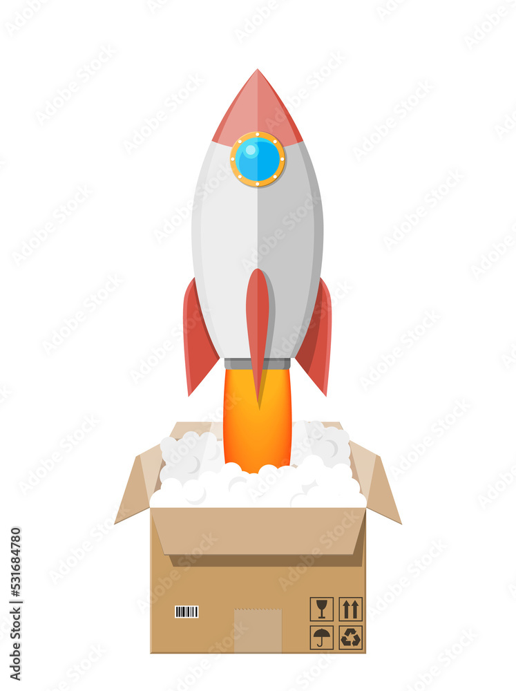 Cartoon rocket ejected from cardboard box. Stock Illustration | Adobe Stock