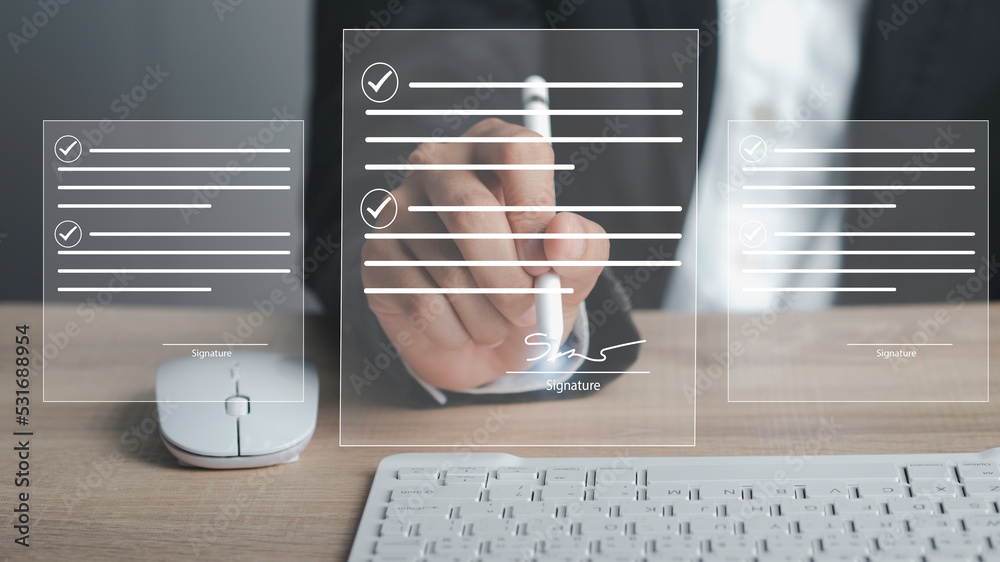 Digital Signature or e-signature and Paperless workplace concept ...