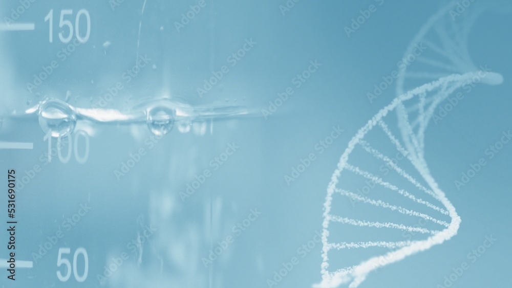 Blue 3D Illustration background with DNA helix collage and macro ...