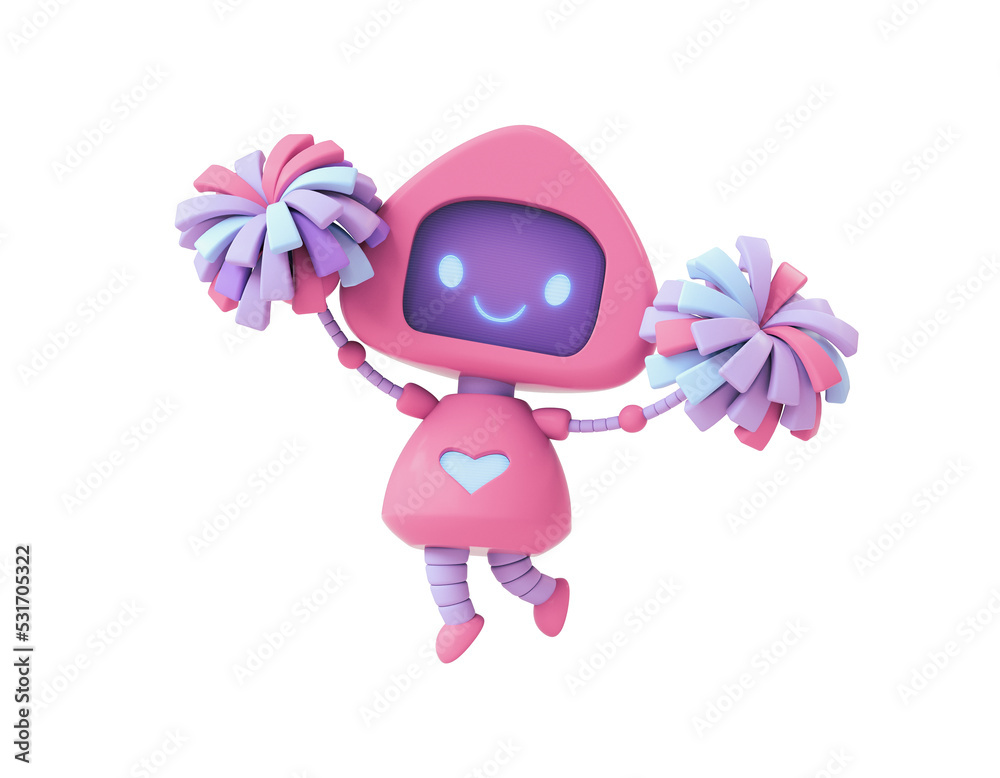Friendly positive pink robot girl with blue smiling face on purple ...