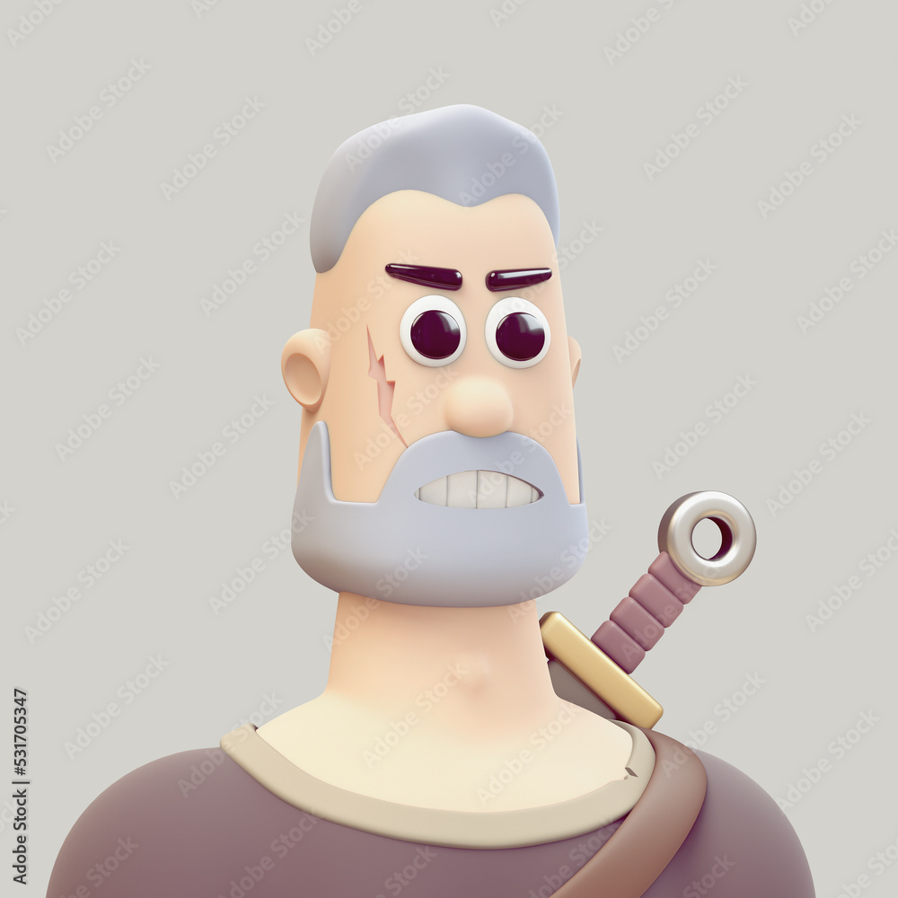 Portrait of cool brave angry hunter with gray hair, beard, mustache ...