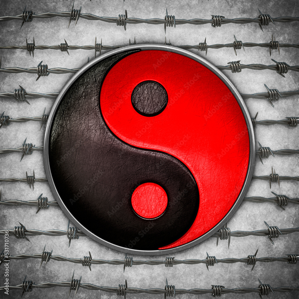 Illustration of a yin and yang symbol, red and black colored, on barbed ...