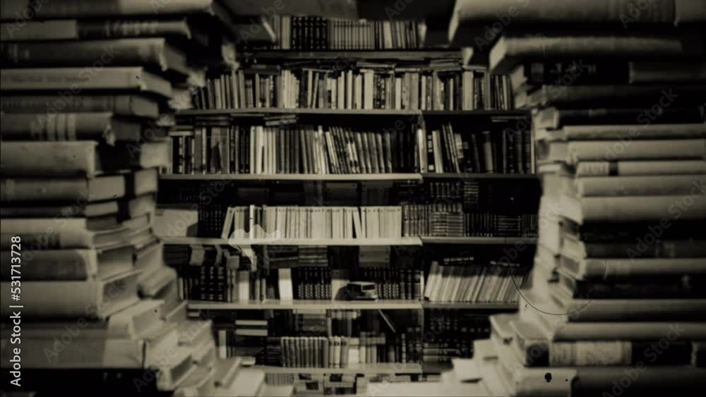 Library Stack Old Books Zooming Through Bookshelves Retro Revival. Zoom ...