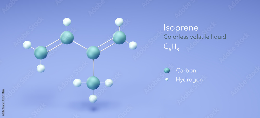isoprene, molecular structures, hydrocarbon, ball and stick model 3d ...