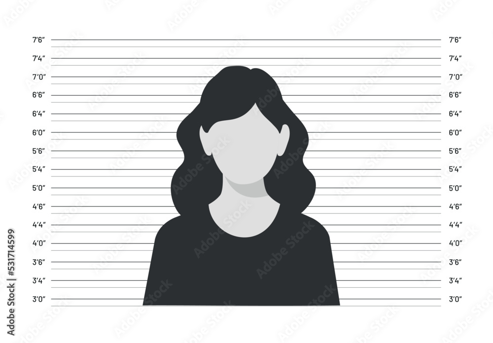 Silhouette of anonymous woman in mugshot lineup isolated on white ...