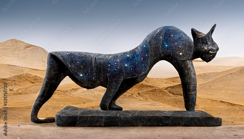 3d cat statue on pedestal in the desert, ancient relic of egypt Stock ...