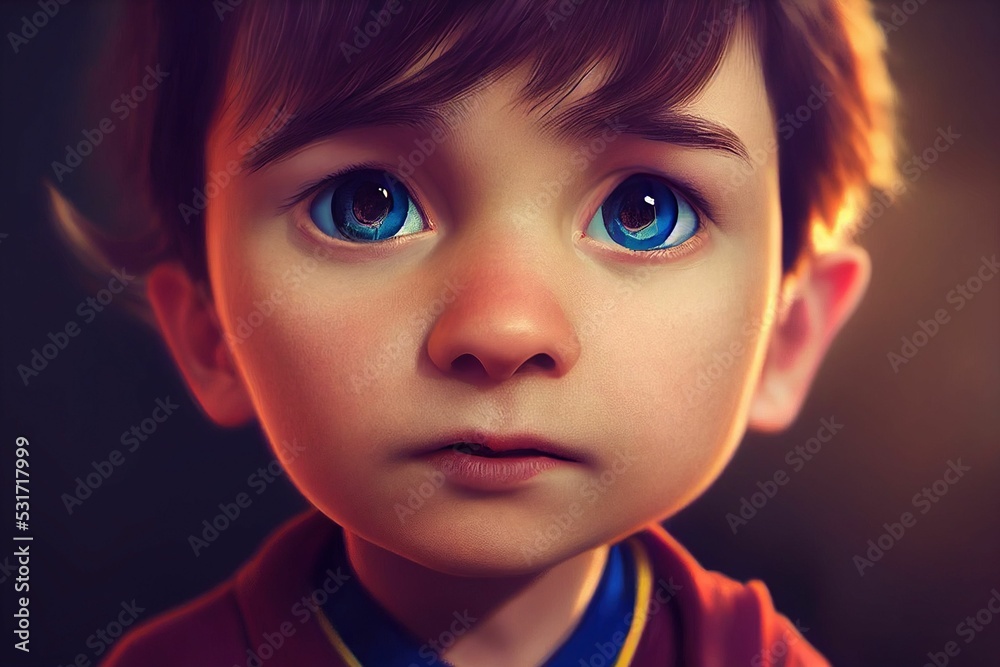 Digital character design. A young boy with blue eyes and dark brown ...
