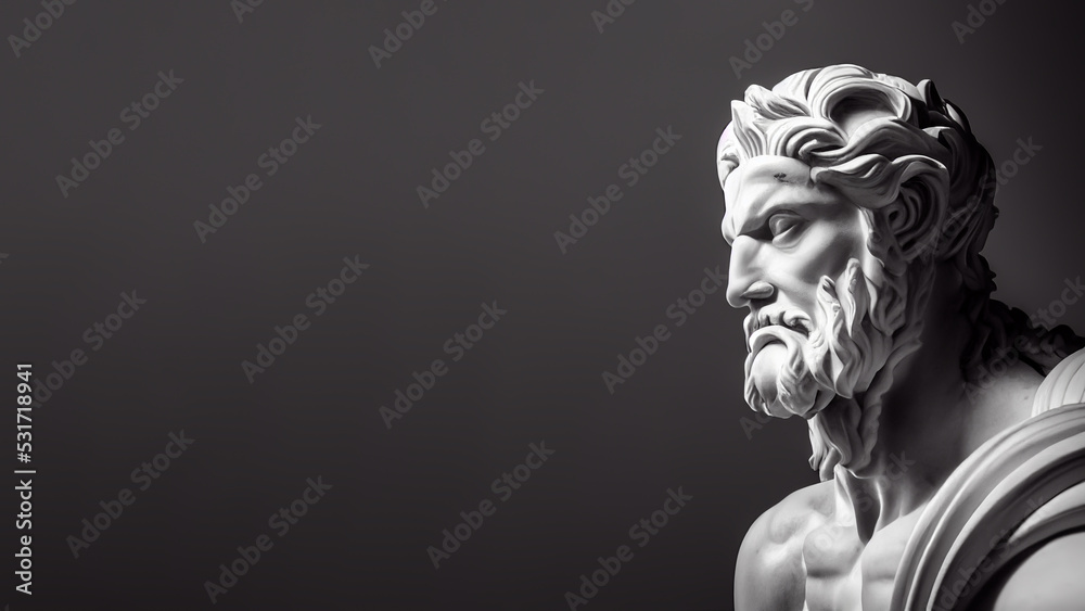 3D illustration of a Renaissance marble statue of Zeus. He is the king ...