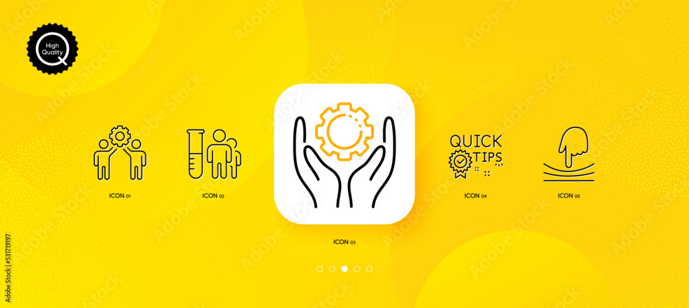 Medical analyzes, Elastic and Employee hand minimal line icons. Yellow abstract background ...