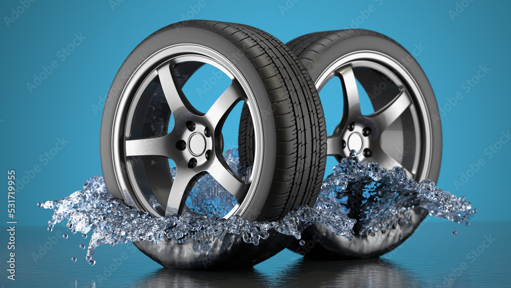 car tires and wheels in water splash on a blue background. 3d rendering ...