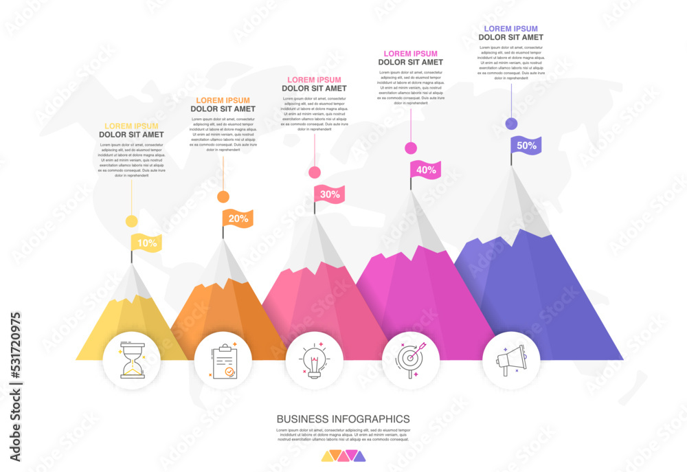 Vector timeline infographic template. Modern mountains graph with five ...