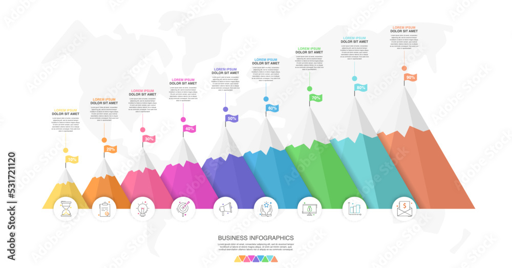 Vector timeline infographic template. Modern mountains graph with nine ...