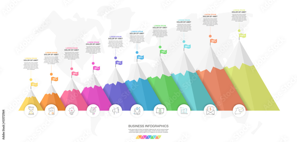Vector timeline infographic template. Modern mountains graph with 10 ...