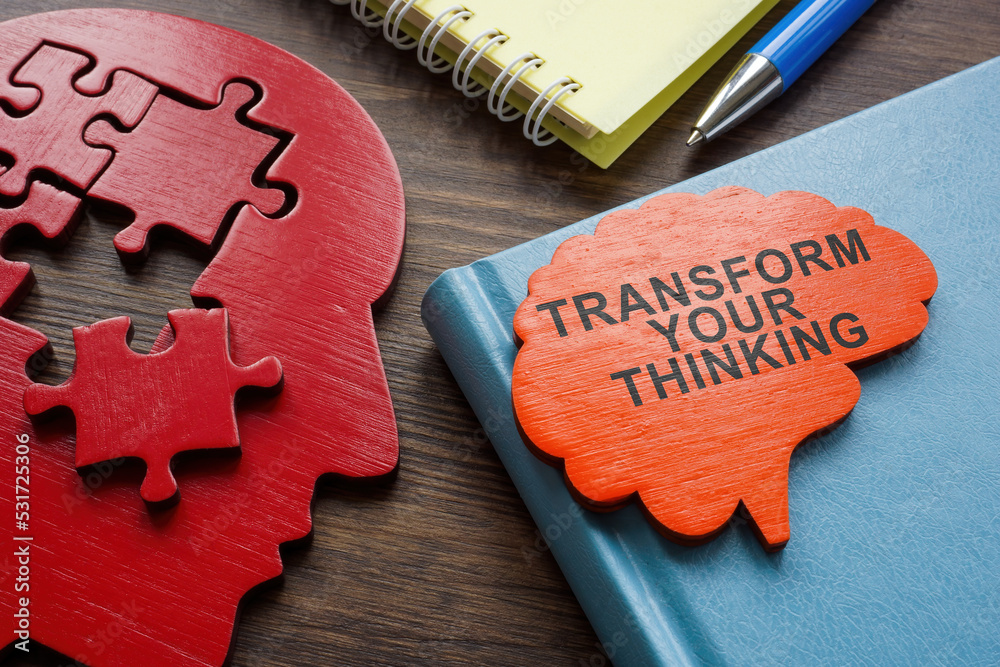 Transform your thinking sign on the brain and puzzle. Stock Photo ...