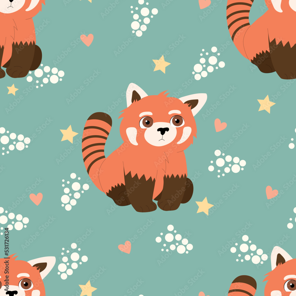 Vector cartoon red panda seamless pattern. Cute animal background ...