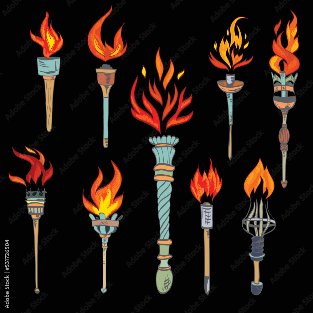 Fire glowing flame retro sketch torch icons set isolated vector ...