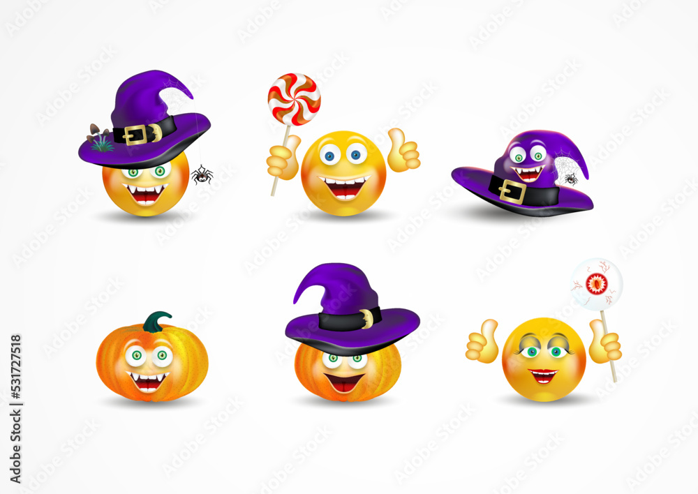 Set of Happy funny Halloween emoticons wearing witch hat, showing thumb ...