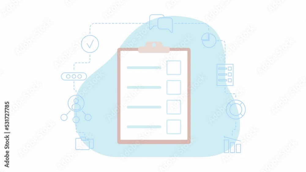 Animated isolated clipboard. List with ticks. Survey questions. Looped ...