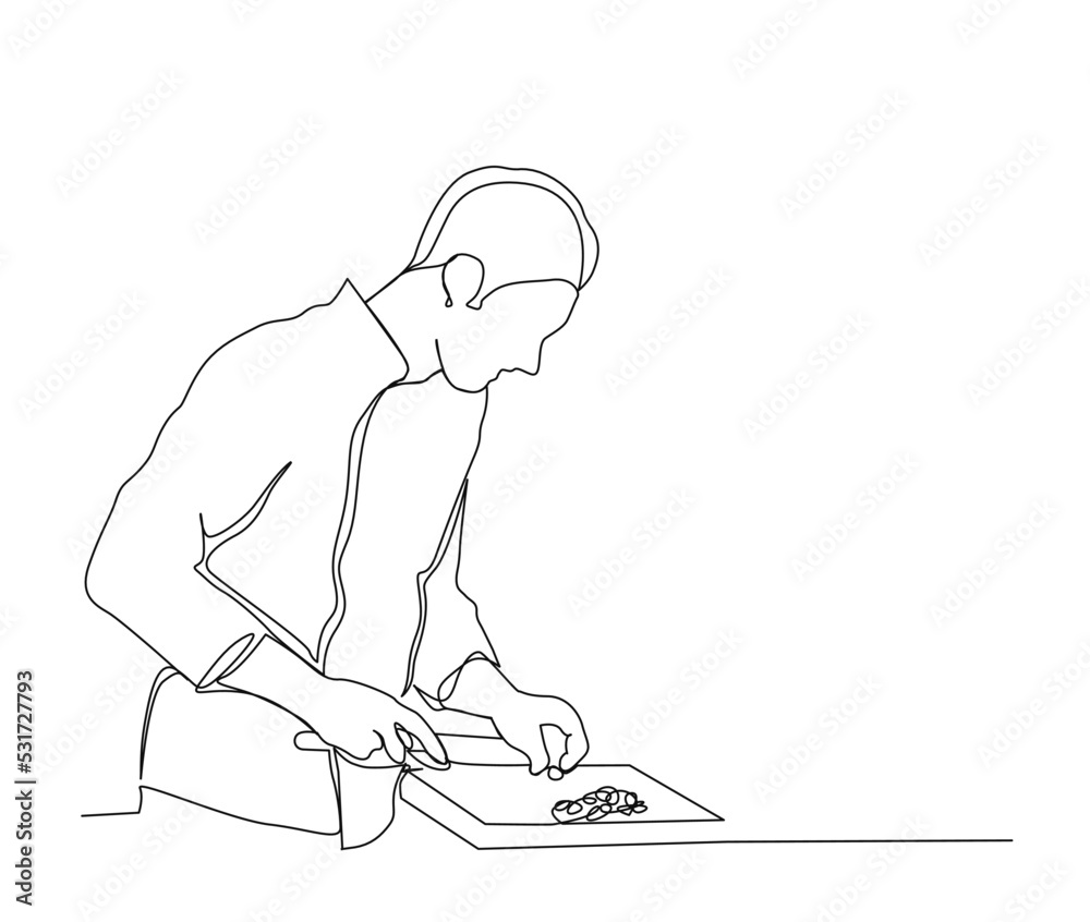 Continuous line drawing of Slice of Chef Chopping Vegetable vector ...