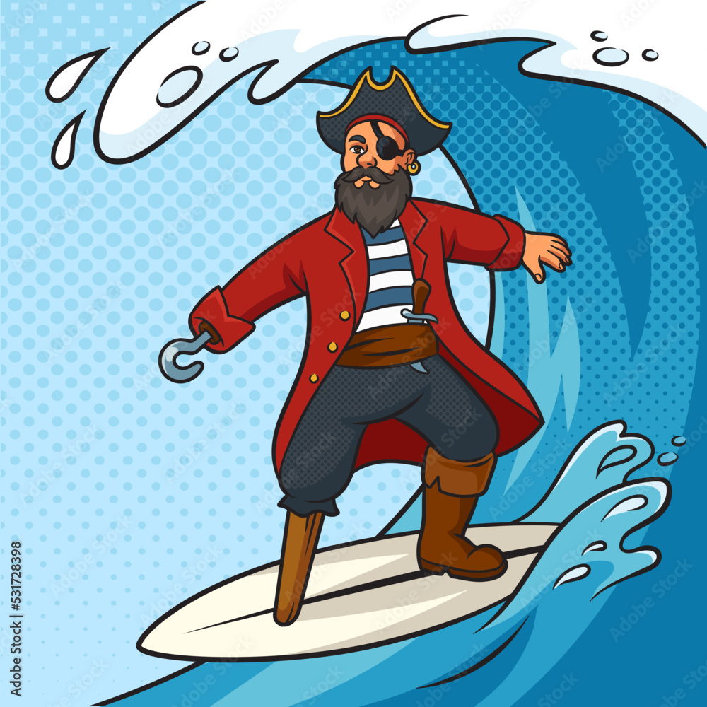 Pirate rides surfboard on ocean wave pinup pop art retro vector ...