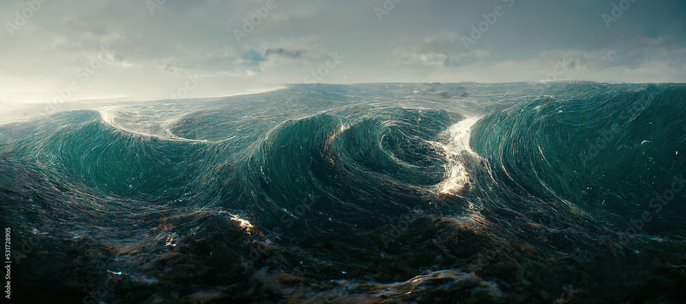 Spectacular abstract scene of an ocean tidal wave with a horizontal and ...