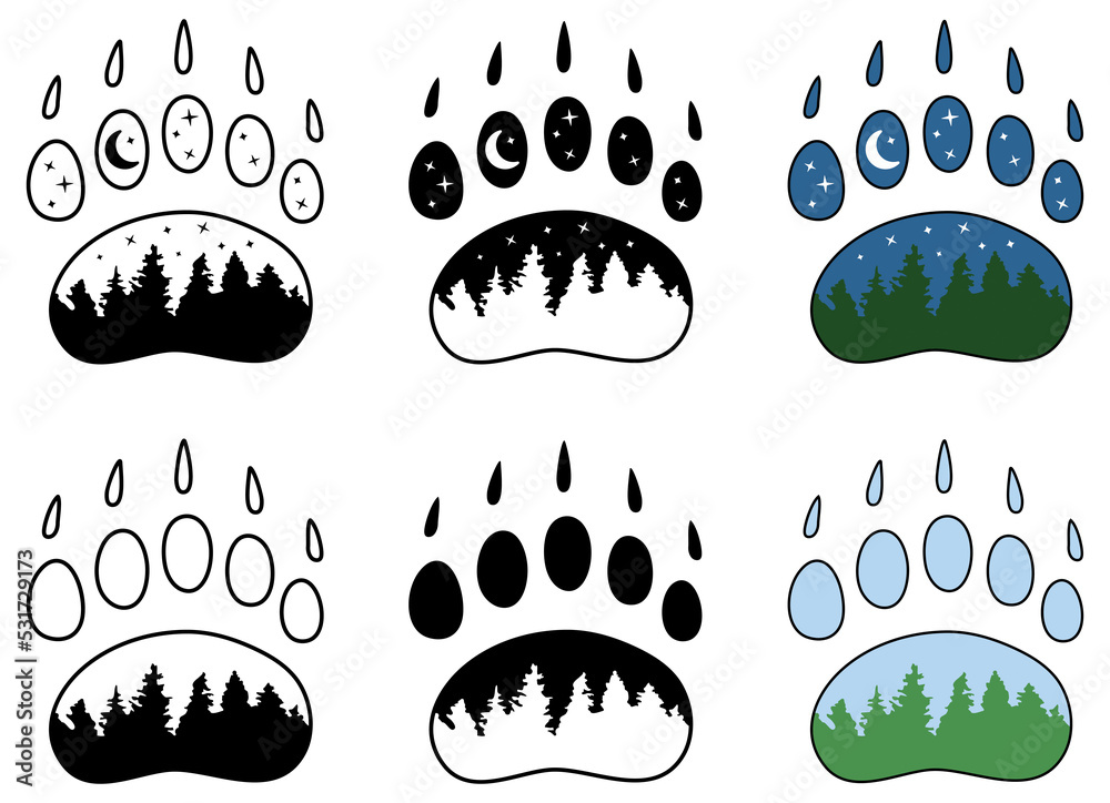 Bear Paw Track with Forest Clipart Set - Outline, Silhouette & Color ...