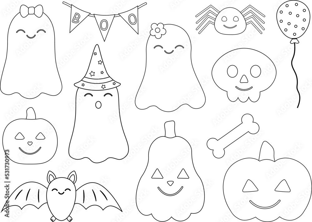 Cute ghosts pumpkin Halloween coloring vector illustration Stock Vector ...