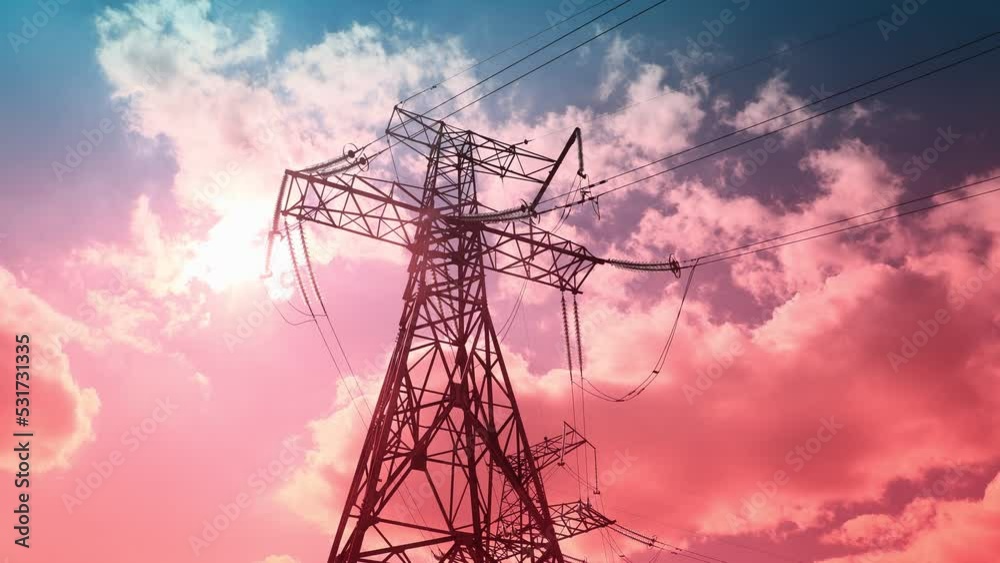 time lapse Tower and High Voltage Power Line at sunset. Power line with ...