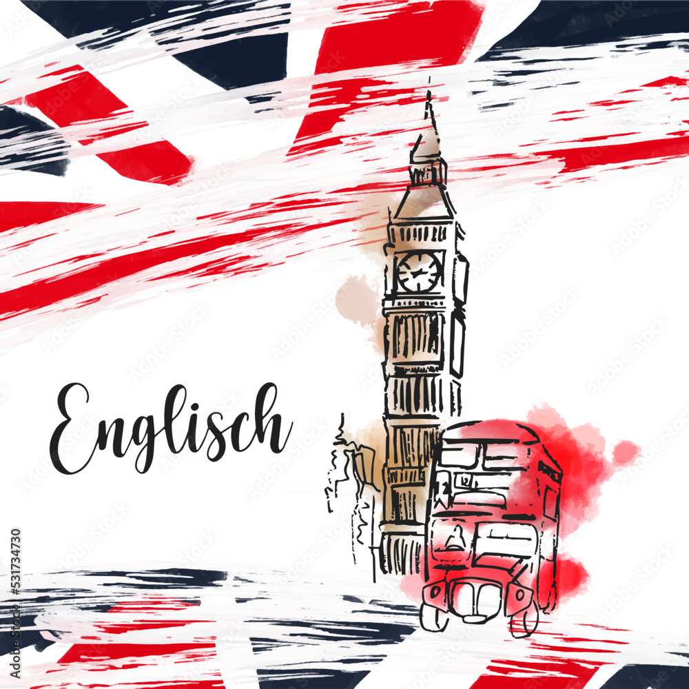 England, handwritten lettering, acrylic drawing, Big Ben, england flag ...