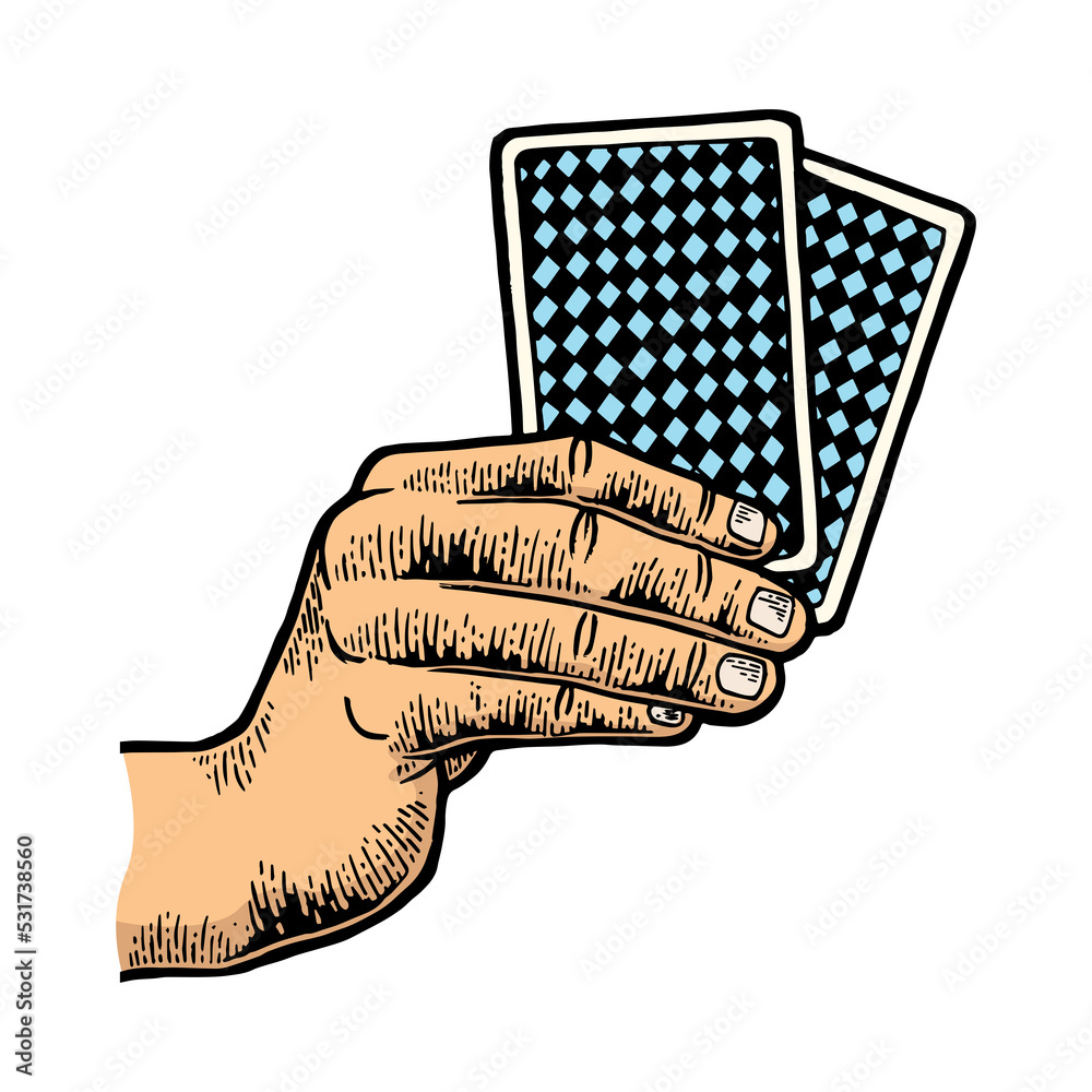 Hand with playing cards color sketch engraving PNG illustration with ...
