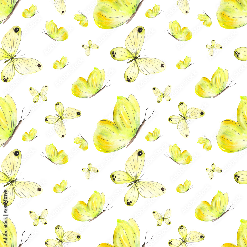 Watercolor seamless pattern of yellow butterflies on a white background ...