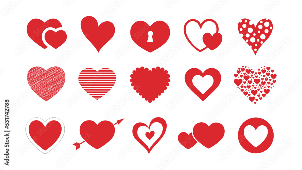 Heart symbol vector red shapes collection. Various flat icons isolated ...