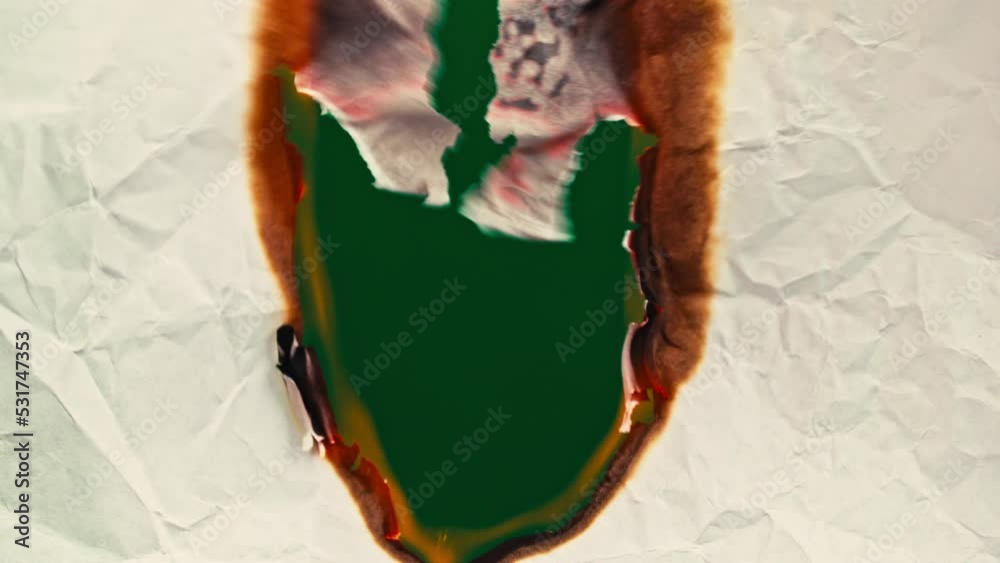 White paper burns from above on a green background copy space. The ...