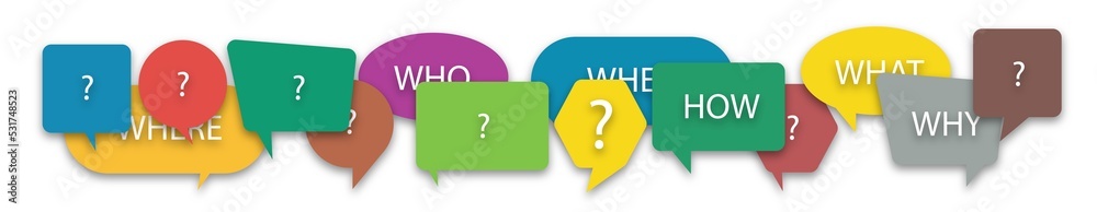 Colorful Speech bubbles with question marks. The question is who, what ...