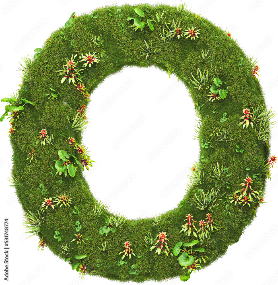 Latin alphabet letter O made of grass and garden plants. Green lawn ...