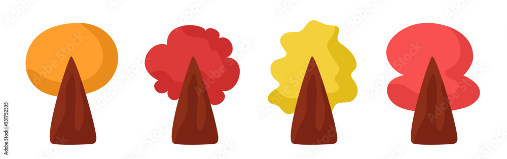 Autumn trees set. Cartoon doodle trees. Trees with yellow and red ...