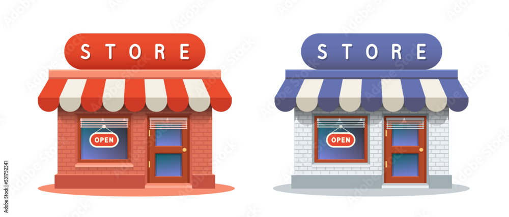 Shop icons. 3d shop icons. Shop with brick walls. Cartoon stylish store ...