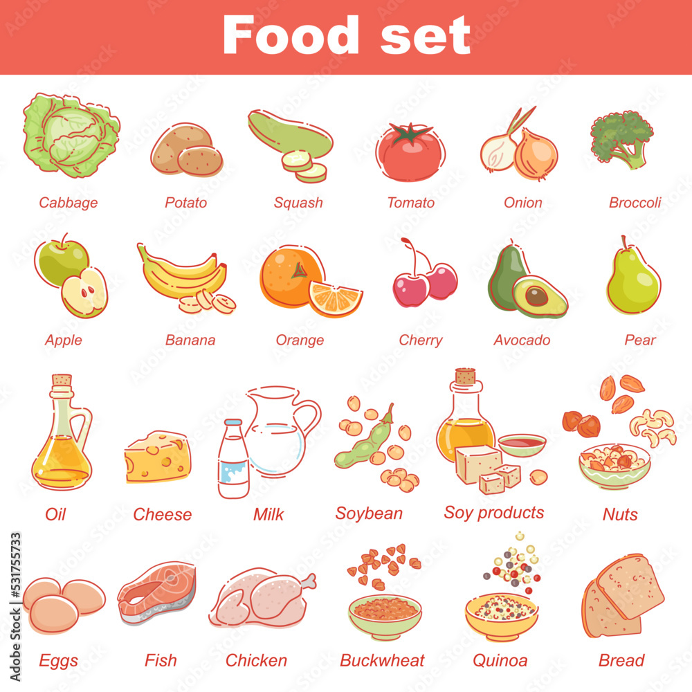 Food vector set. Color objects of food. Menu template. Stock Vector ...