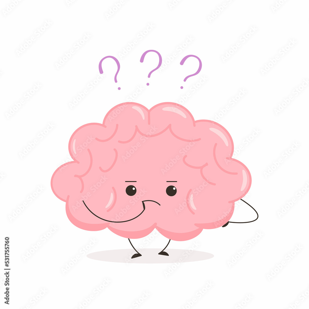 Cute nerd brain. Funny kawaii human brain character. Cartoon flat style ...