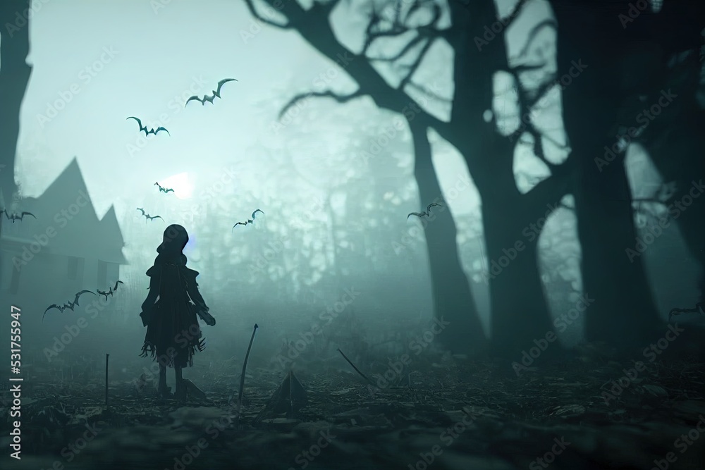 Halloween scary postcard with dim light, scary vibes with copy space 3D ...