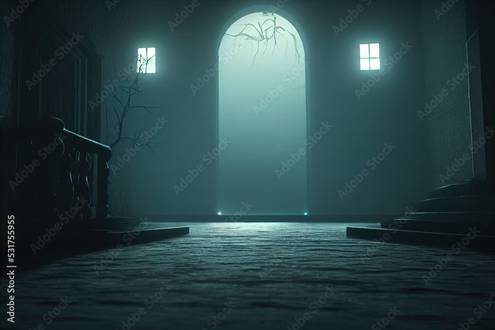 Halloween scary postcard with dim light, scary vibes with copy space 3D ...