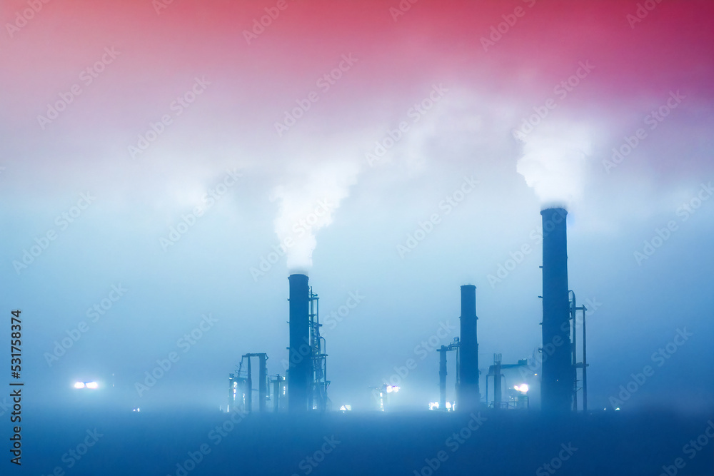 Landscape of pollution in city, polluted factory over smog in the air and nature. Industry issue ...