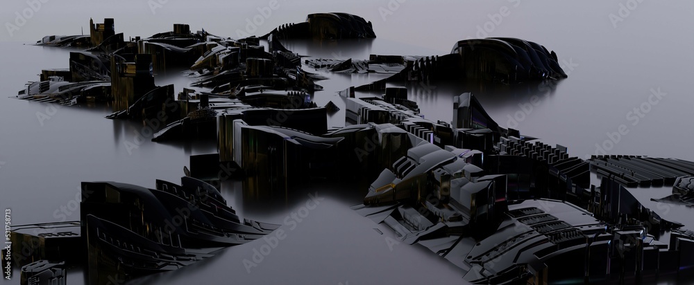 Futuristic water alien base background. Dark sunken spaceship with 3d ...