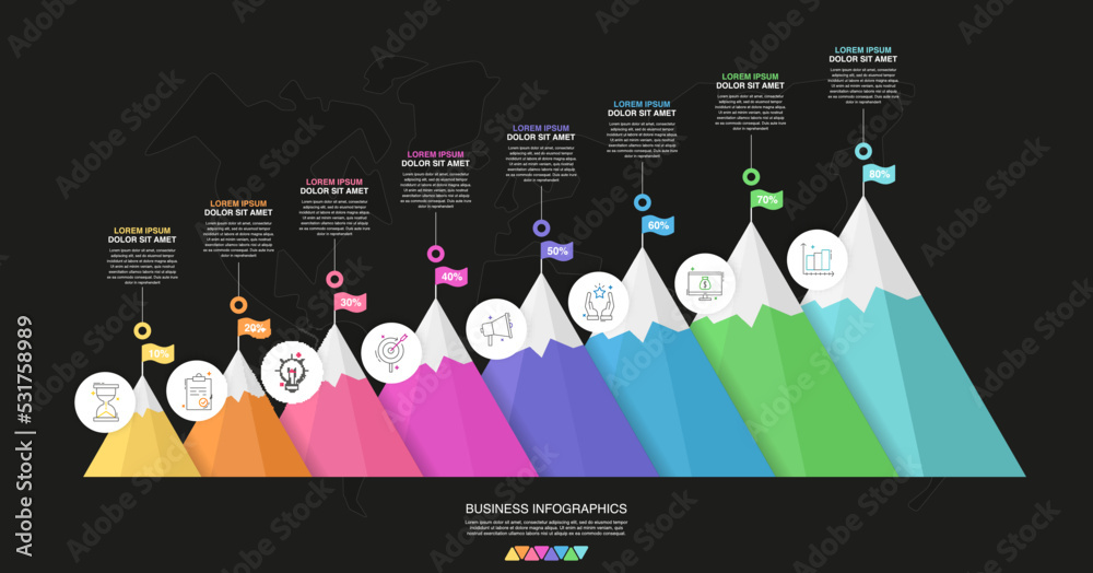 Infographics vector template. Modern timeline mountains graph with 8 ...