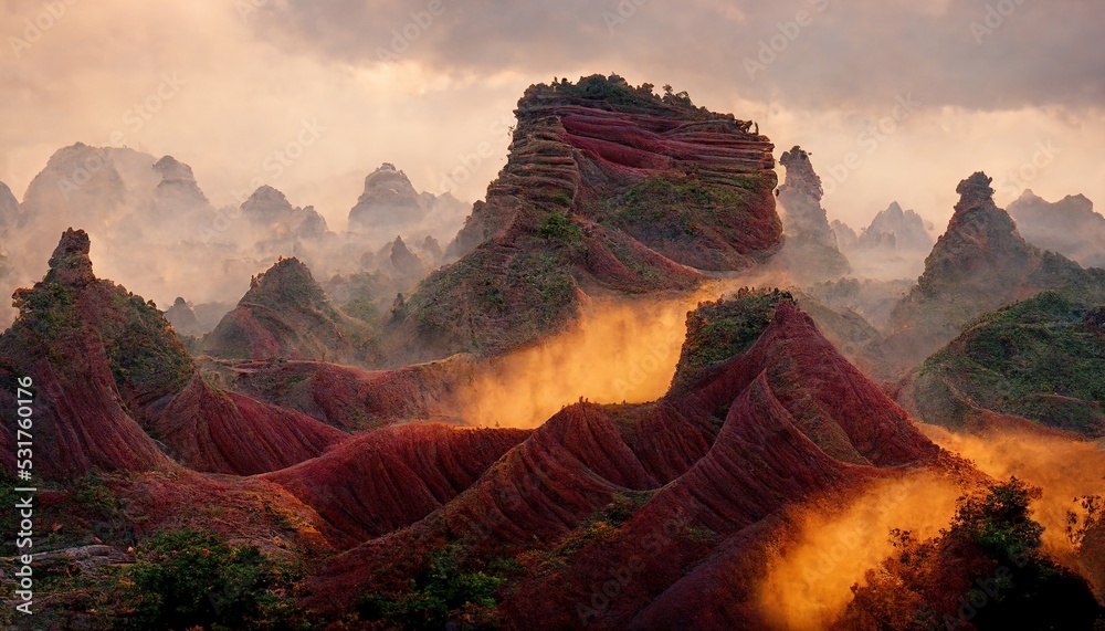 This is a 3D illustration of the Danxia Landform in China, Petrographic ...