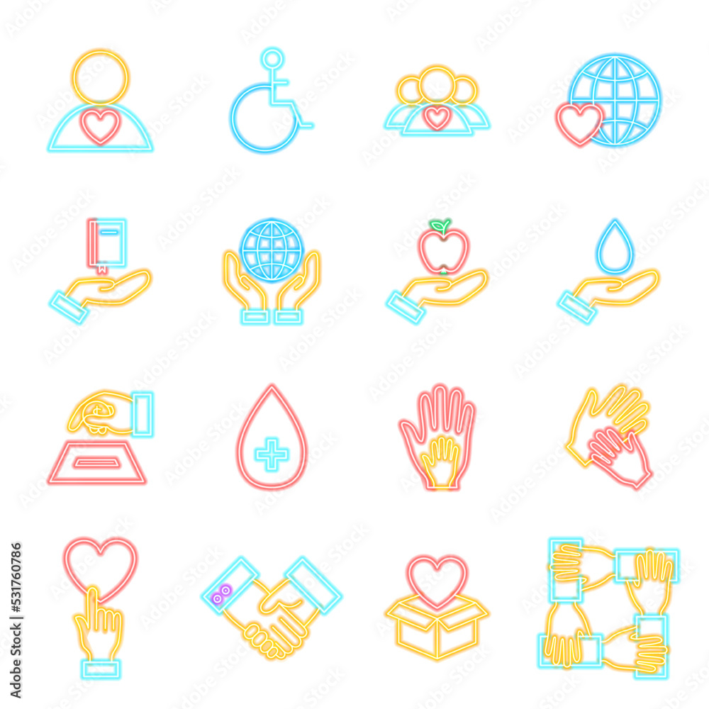 Charity Donation Neon Icons Isolated. Vector Illustration of Glowing ...