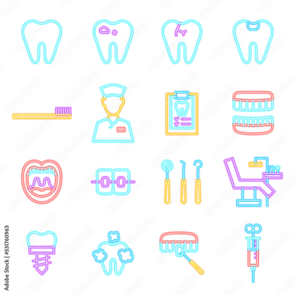 Dental Clinic Neon Icons Isolated. Vector Illustration of Glowing ...